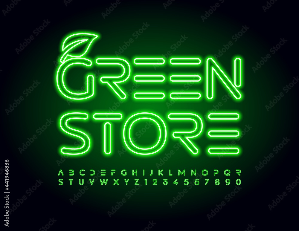 Vector eco banner Green Store with Decorative Leaf. Light Tube Font ...