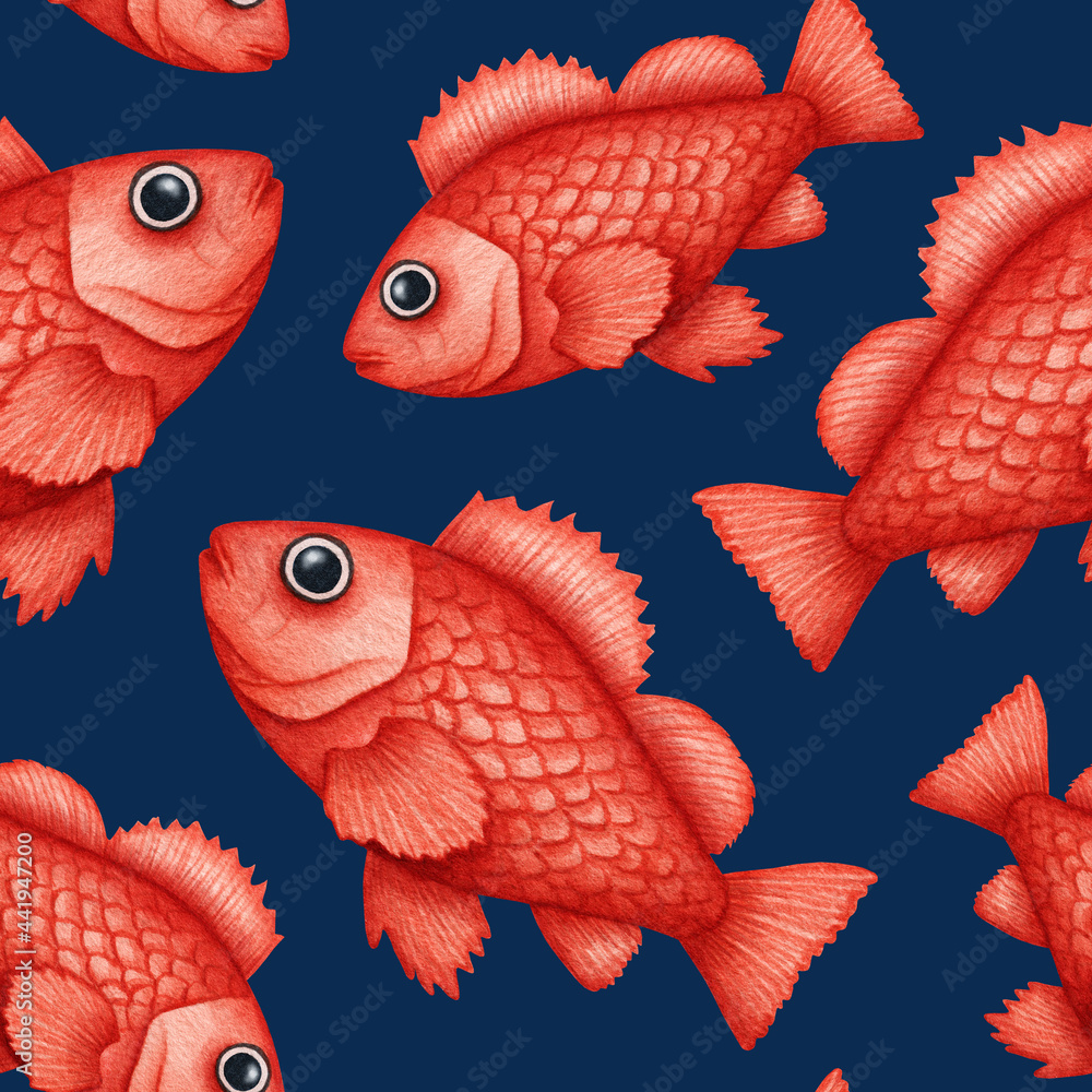 Watercolor Rose Fish, Ocean Perch seamless pattern. Hand drawn Rockfish ...