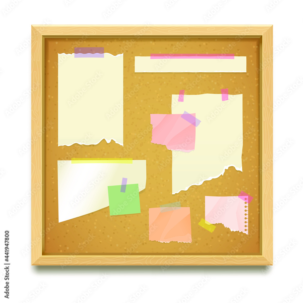 Cork board or noticeboard background with pieces of paper or stickers ...