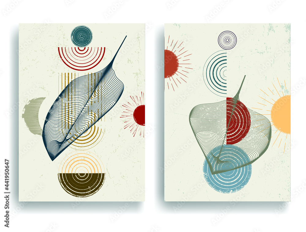 Poster with leaves and geometric shapes in Boho style . Minimal design ...