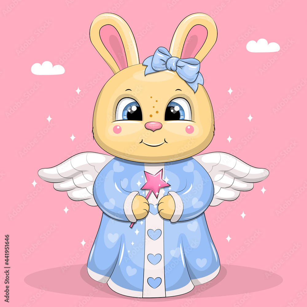 Cute cartoon rabbit angel in blue. Vector illustration of an animal on ...