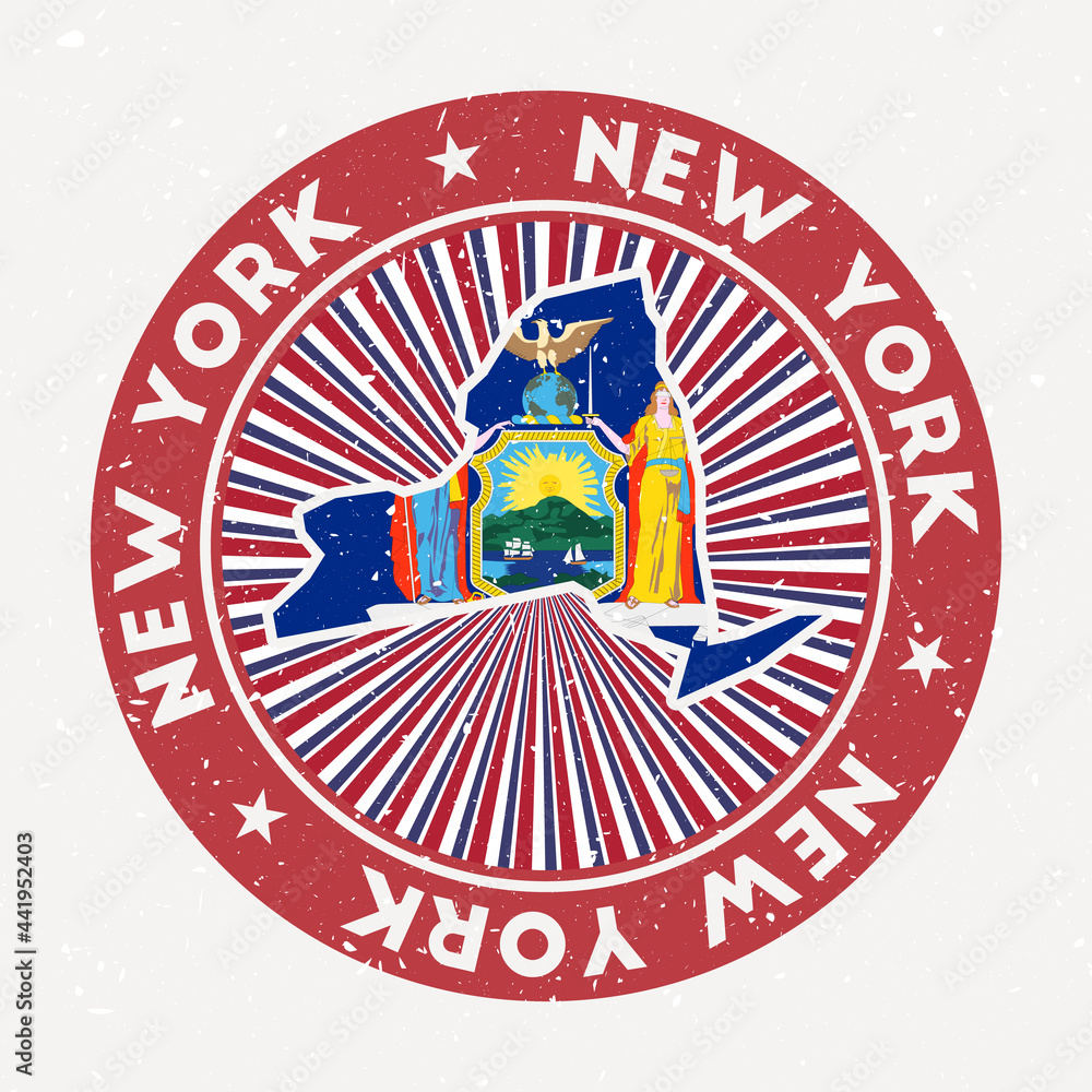 New York round stamp. Logo of us state with state flag. Vintage badge ...