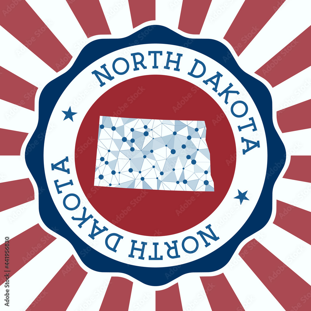 North Dakota Badge. Round logo of us state with triangular mesh map and ...