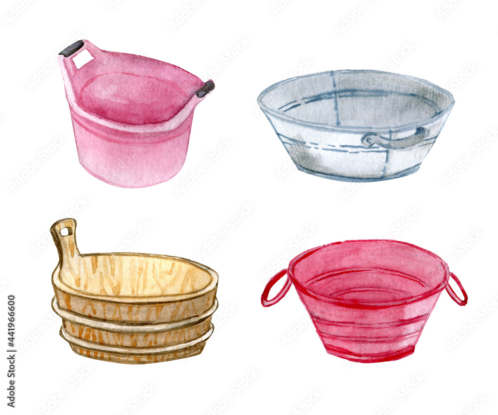 Basins hand drawn watercolor set isolated on white background Stock ...