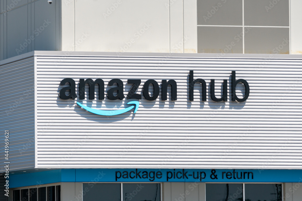 Amazon Hub Pick-up and Delivery Facility Exterior and Trademark Logo ...