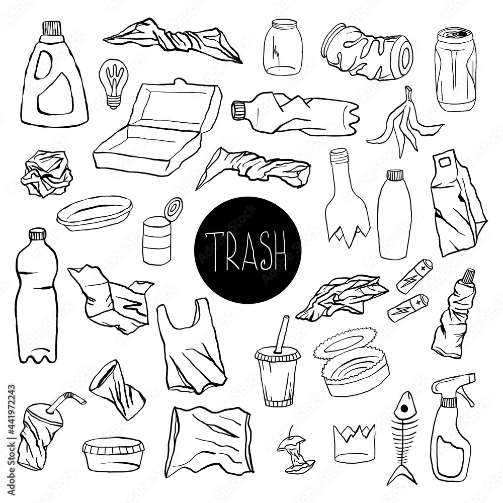 Outline set of hand-drawn doodle icons plastic pollution. Vector ...