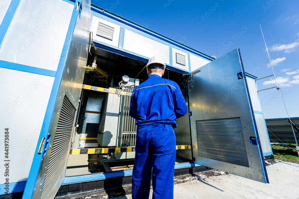 Execution of electrical measuring works on the power transformer Stock ...