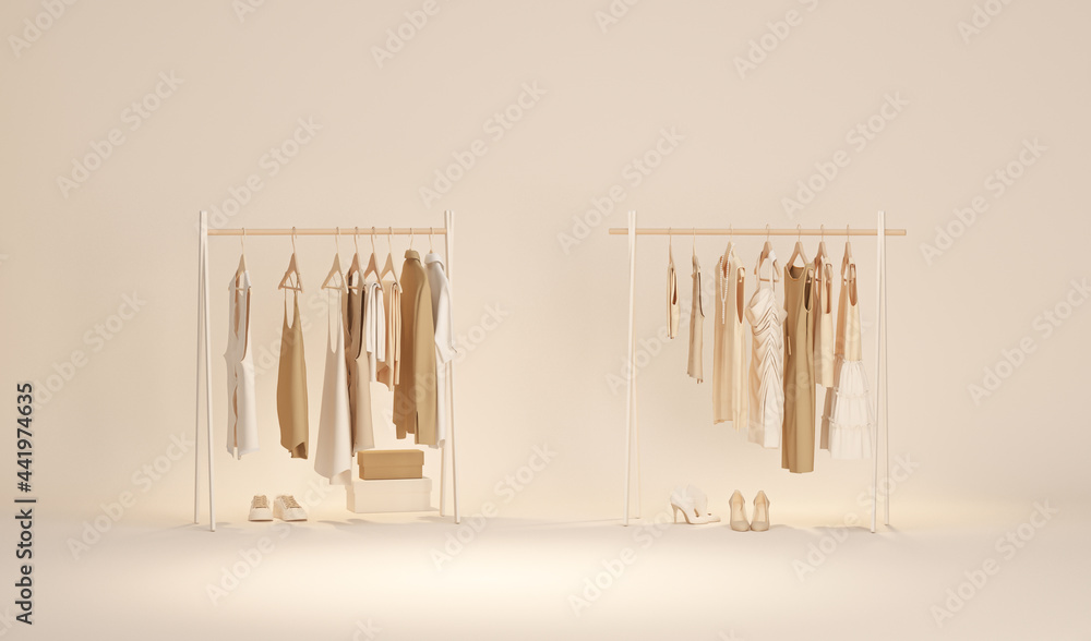 Clothes on grunge background, shelf on cream background. Collection of ...