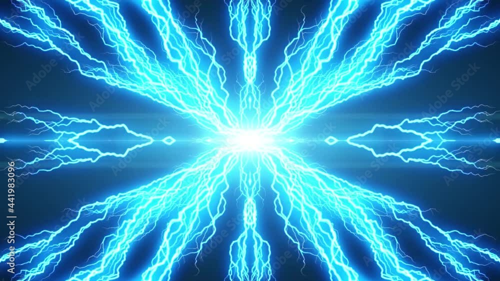 Symmetric animation of bright lens flare with lightning bolts filling ...
