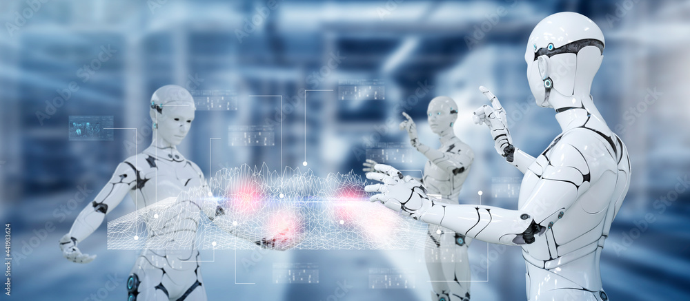 3D Humanoid robot working automated in factory futuristic modern tech ...