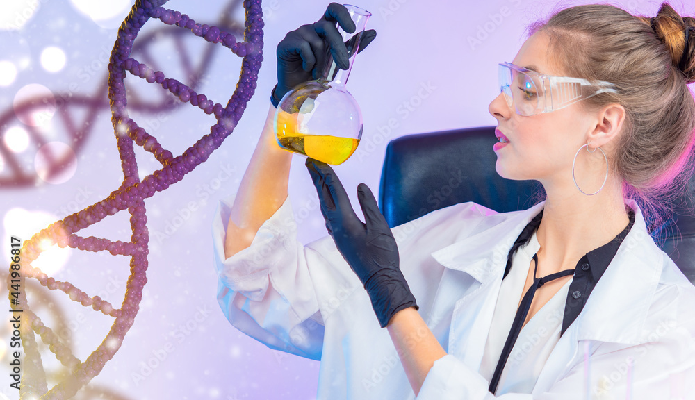 Genetic woman with a test tube in her hands. A woman works in a medical ...