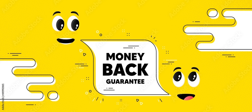 Money back guarantee. Cartoon face chat bubble background. Promo offer ...