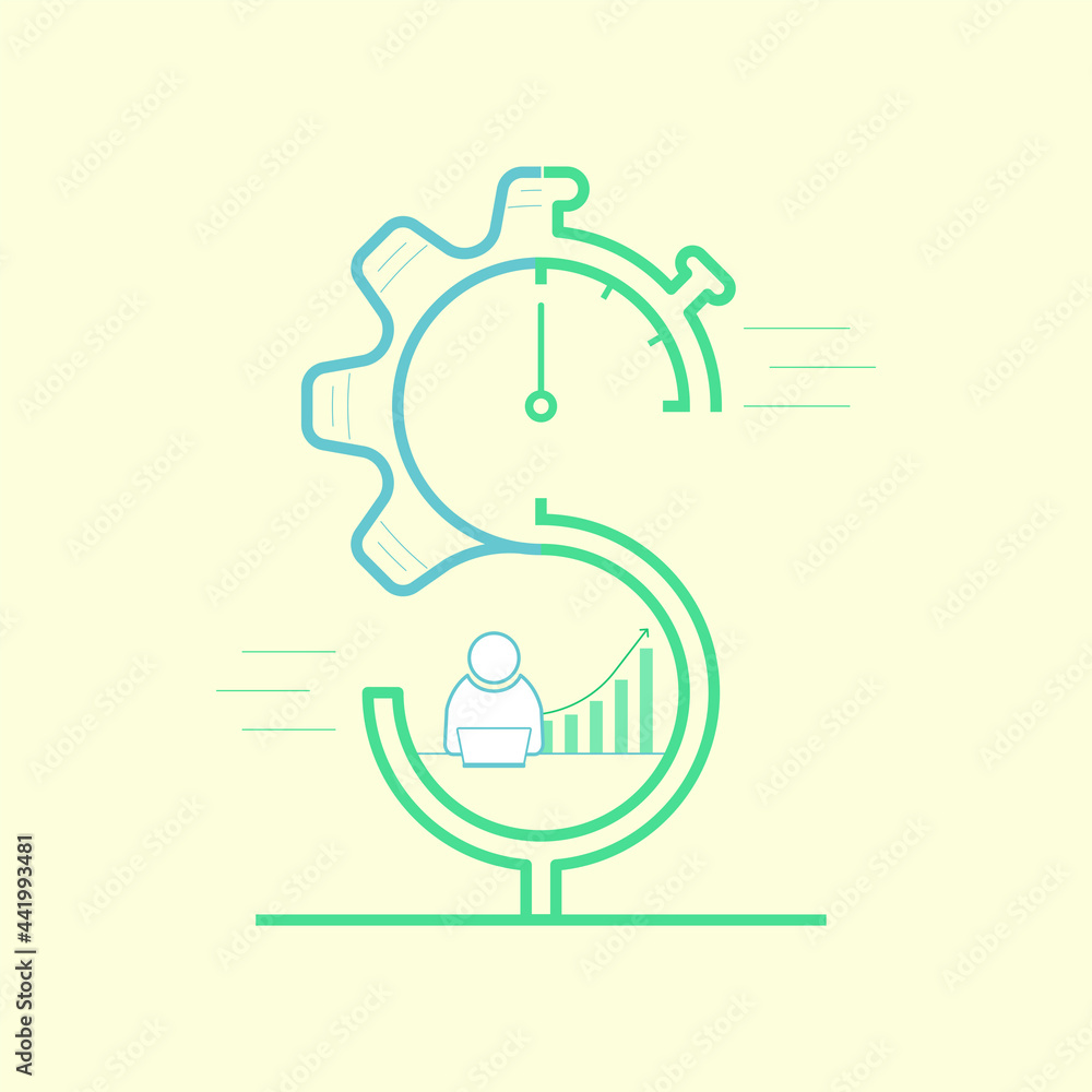 Dollar sign made up of gearwheel and stopwatch shapes with efficient ...