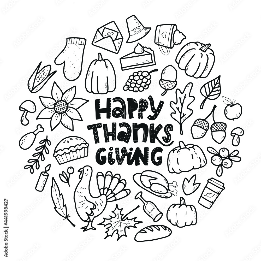 set of hand drawn thanksgiving doodles and lettering quote for stickers ...