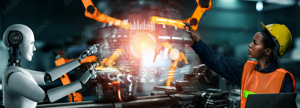 Mechanized industry robot and human worker working together in future ...