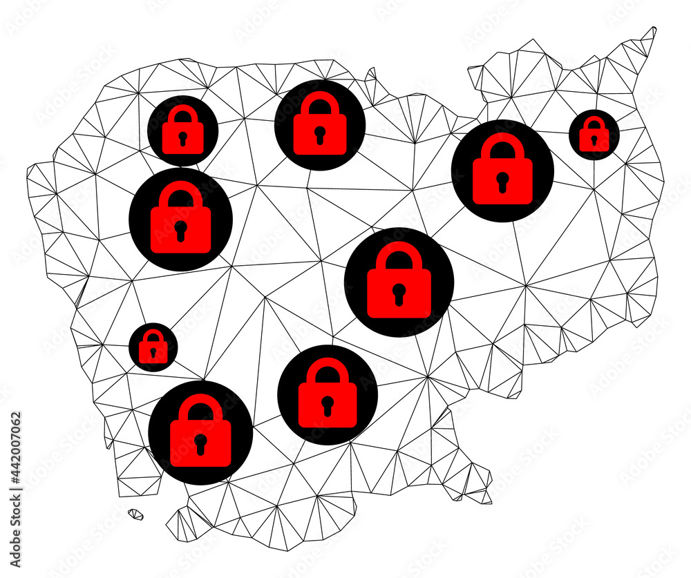 Polygonal mesh lockdown map of Cambodia. Abstract mesh lines and locks ... Polygonal mesh lockdown map of Cambodia. Abstract mesh lines and locks ...