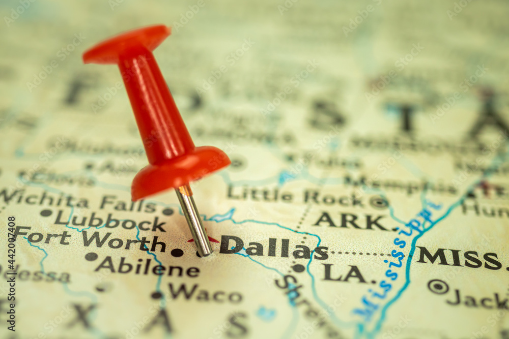 Location Dallas city in Texas, map with red push pin pointing close-up ...