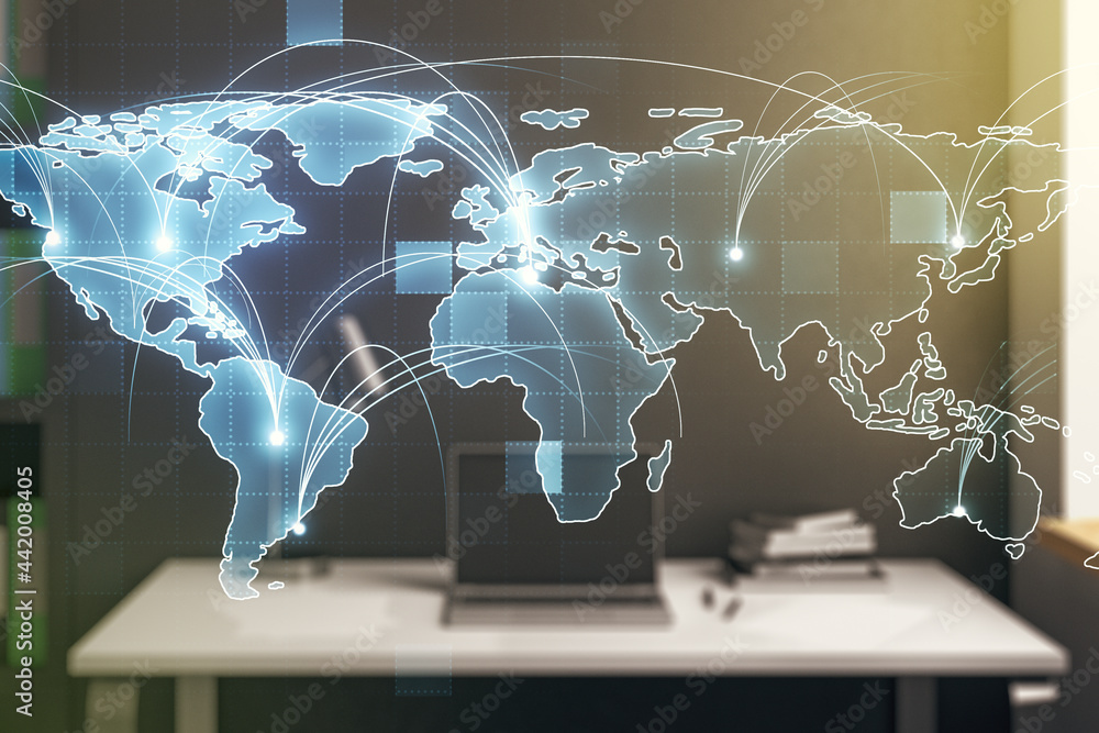 Abstract graphic digital world map with connections and modern desktop ...