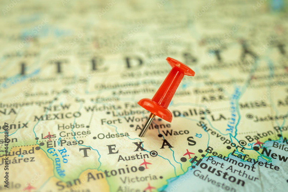 Location Texas state, map with red push pin pointing close-up, USA ...