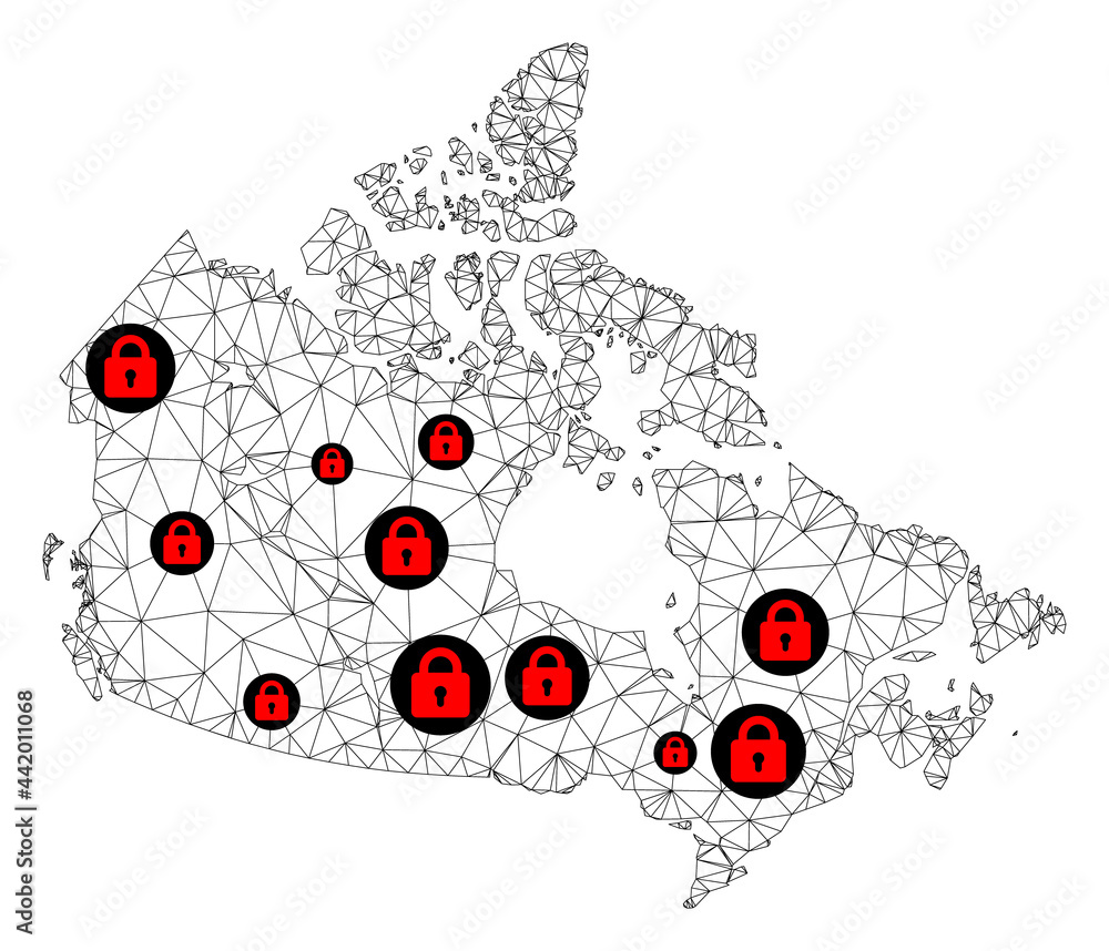 Polygonal mesh lockdown map of Canada. Abstract mesh lines and locks ...