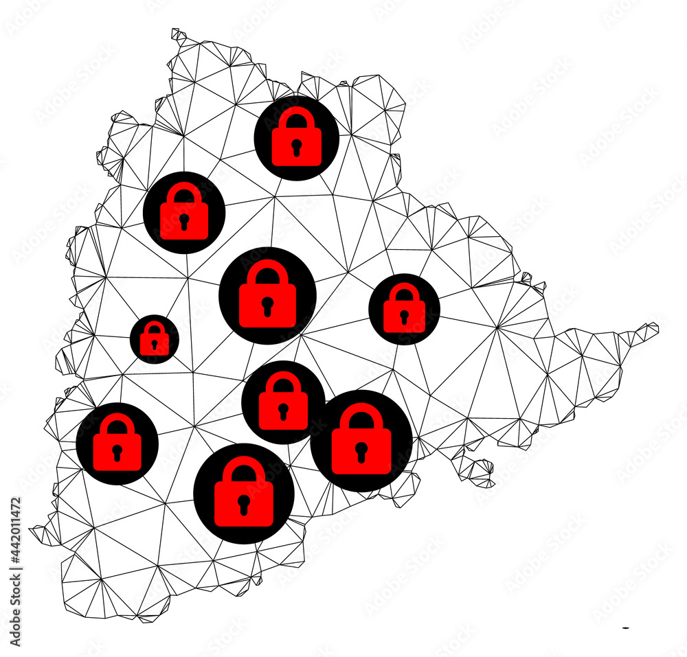 Polygonal mesh lockdown map of Telangana State. Abstract mesh lines and ...
