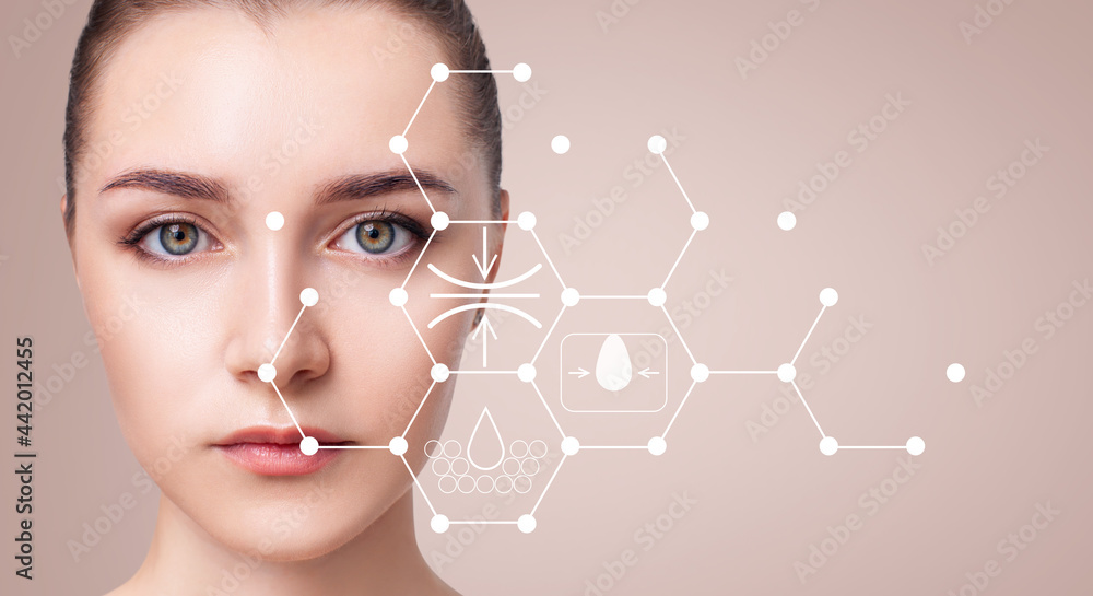 Infographic shows cleansing effect on beautiful female face. Stock ...