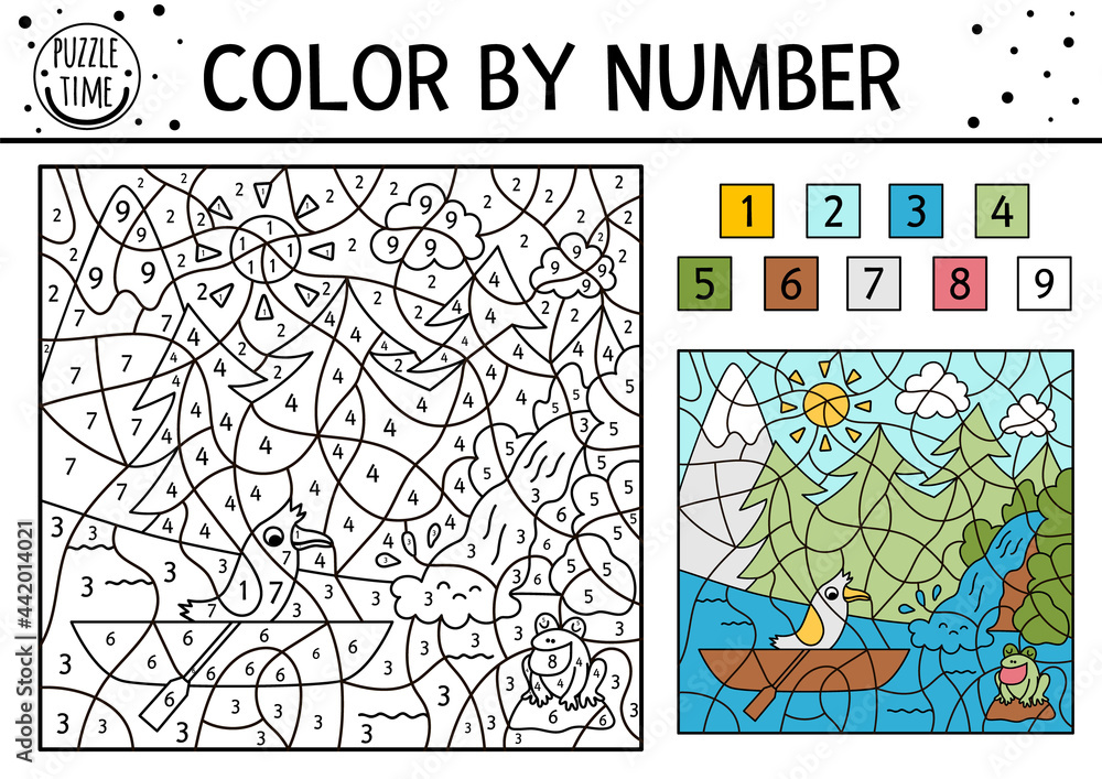 Vector forest color by number activity with trees, mountains, river ...