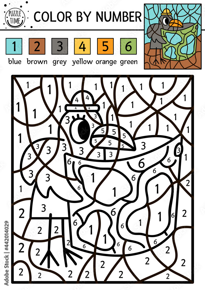 Vector forest color by number activity with raven looking in the map ...