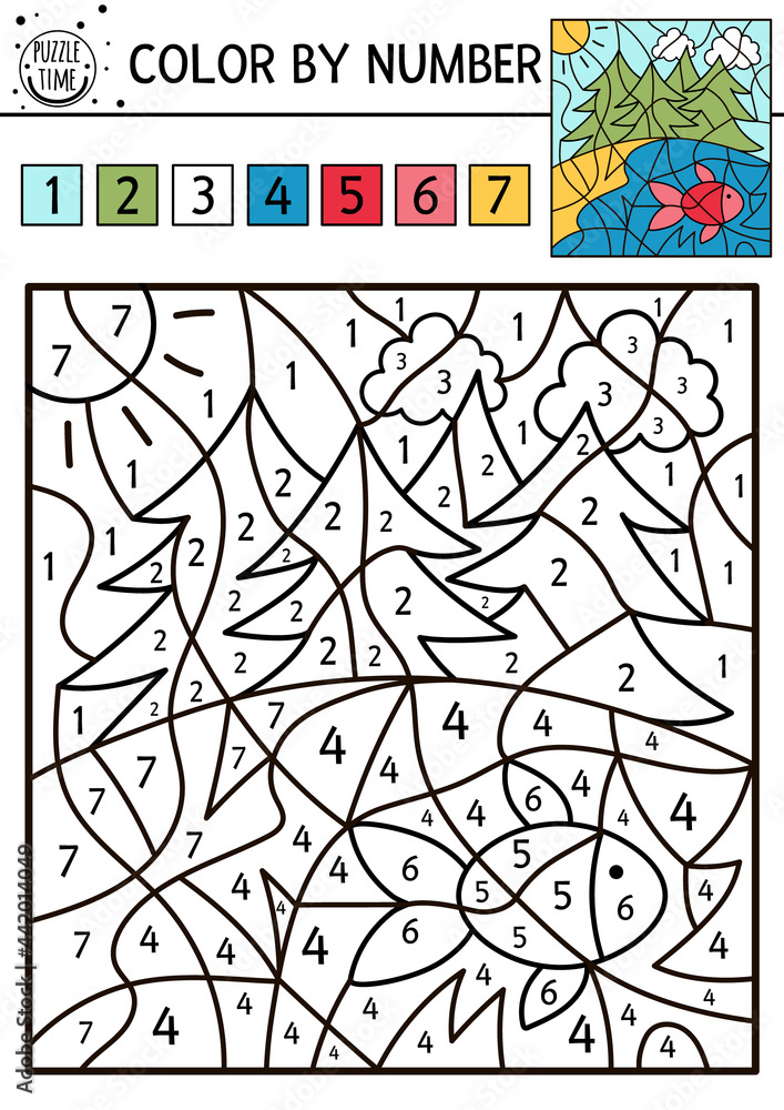 Vector forest color by number activity with fir trees, river, sun and ...