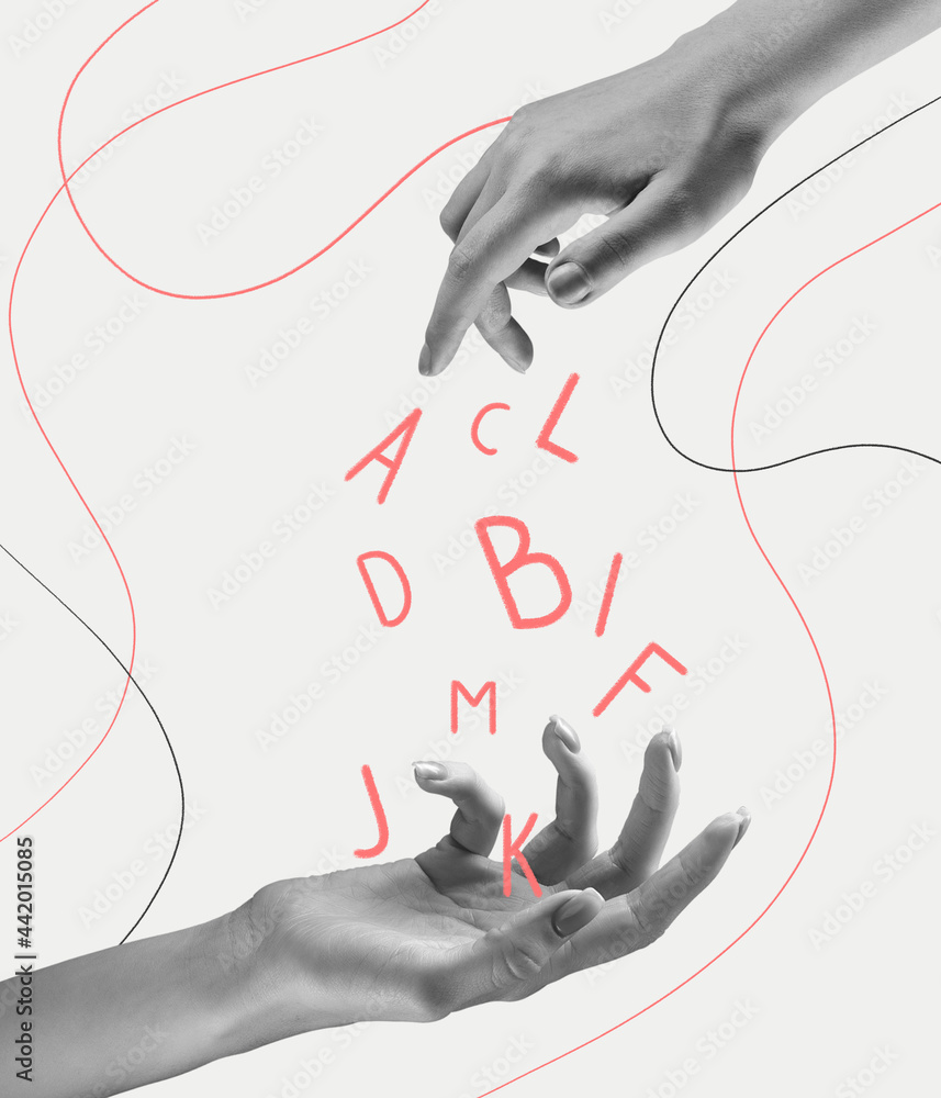 Contemporary art collage. Female and male hands isolated over light ...