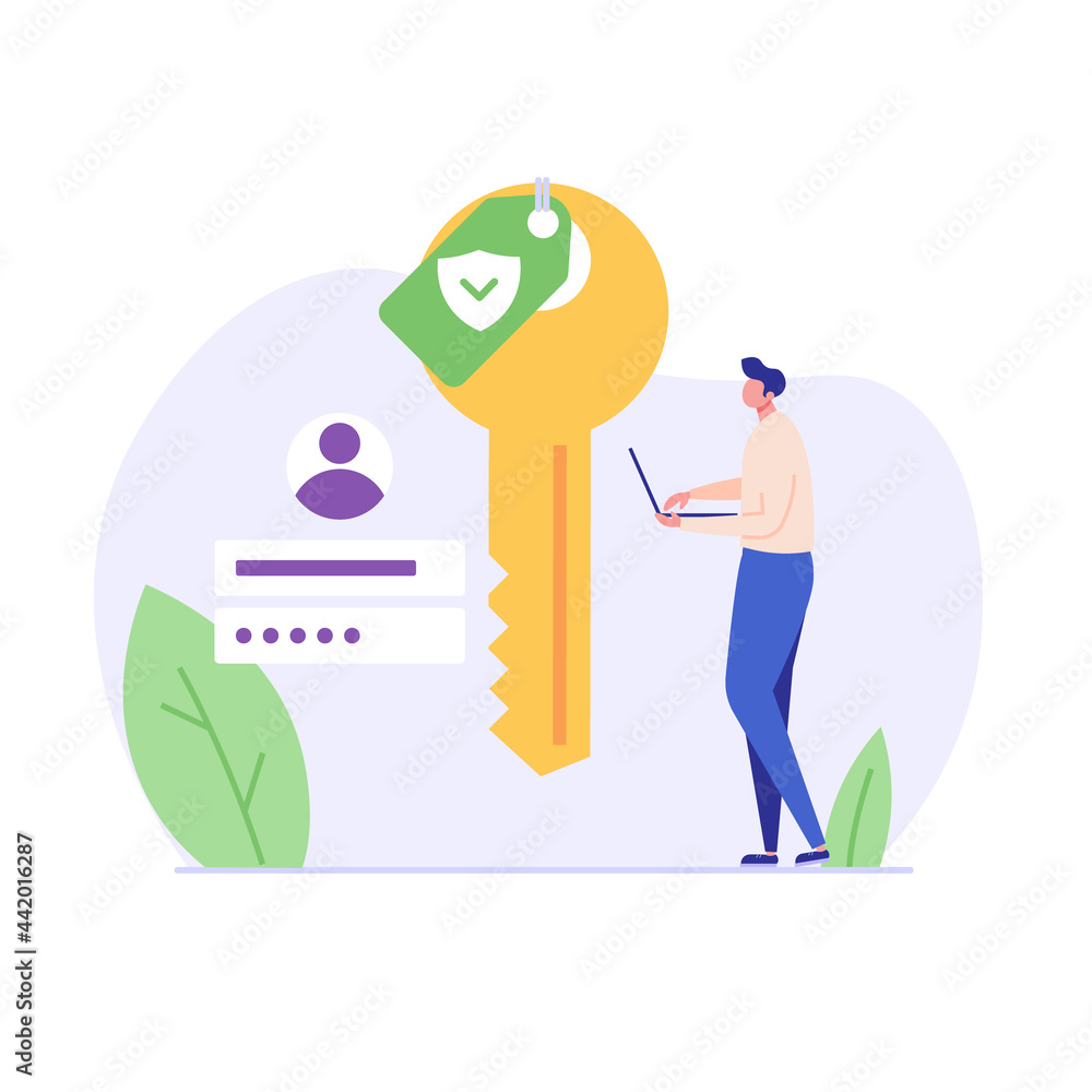 Vetor de Data protection concept. Cyber specialist protecting data files with safe password ...