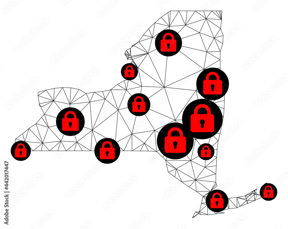Polygonal mesh lockdown map of New York State. Abstract mesh lines and ...