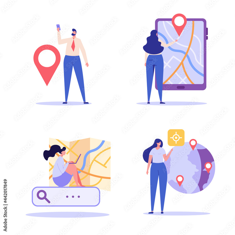 People searching and marking a place on the map. Concept of geolocation ...