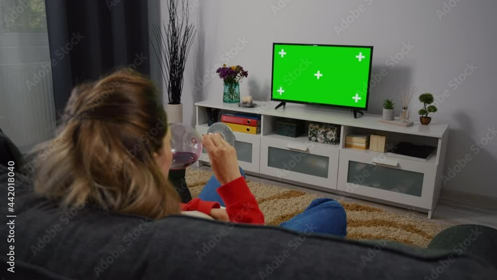 Woman Watching TV Green Screen and Chroma Key. Mock Up with Tracking ...