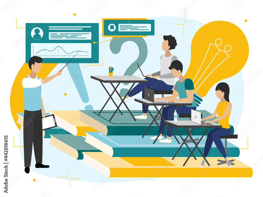 Vecteur Stock Teacher upskilling as male skill qualification progress ...