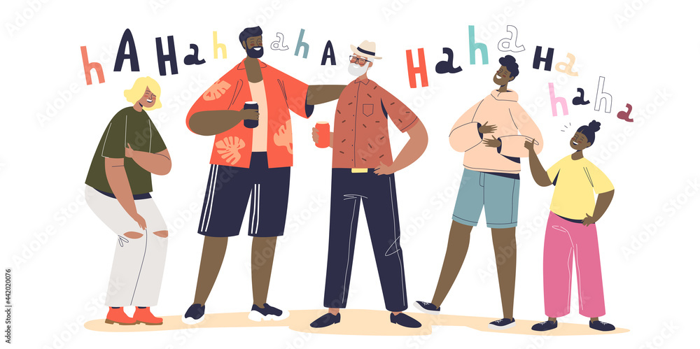 People laughing. Group of friends spent time together telling funny ...