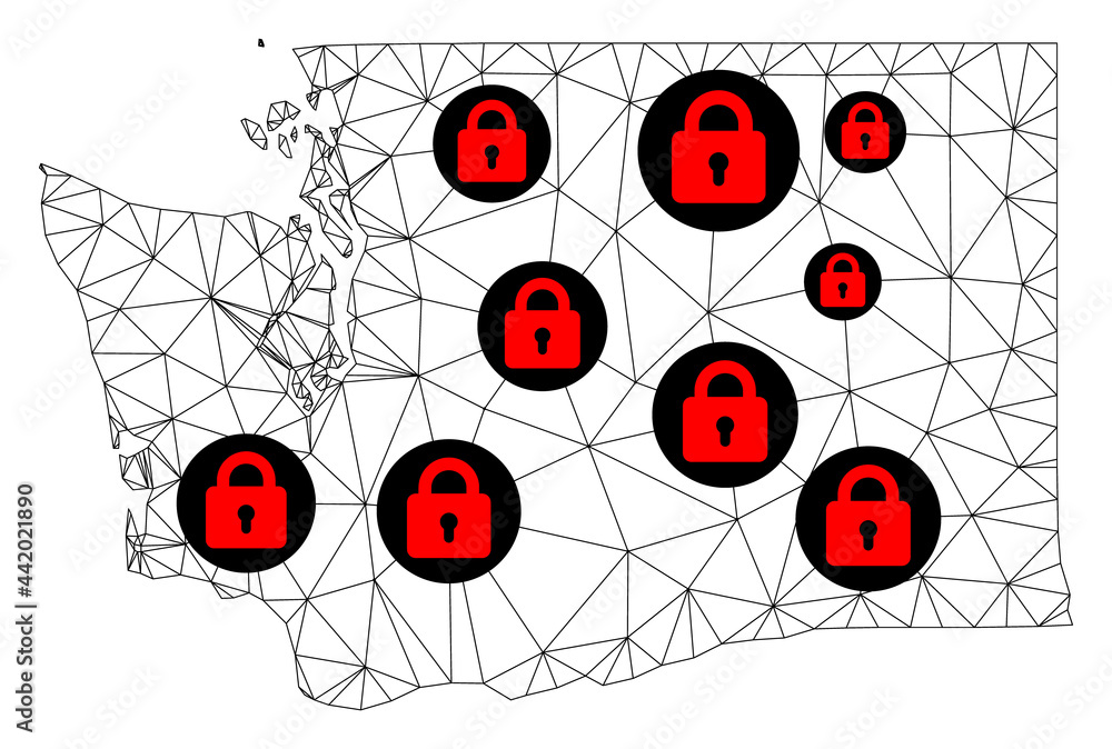 Polygonal mesh lockdown map of Washington State. Abstract mesh lines ...