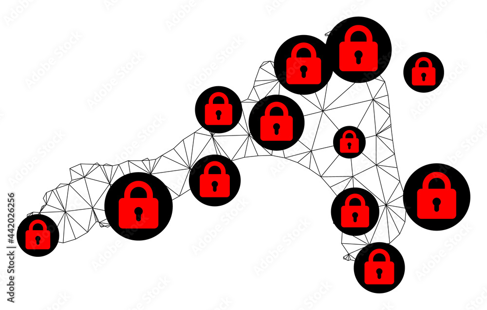Polygonal mesh lockdown map of Koh Lipe. Abstract mesh lines and locks ...