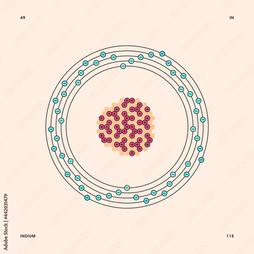 Bohr model representation of the indium atom, number 49 and symbol In ...