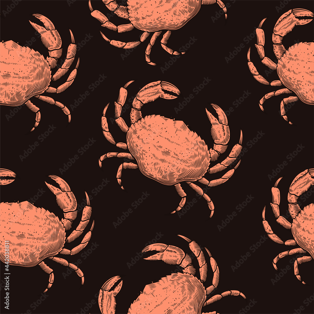 Vintage seamless pattern with hand drawn crabs in sketch engraving ...