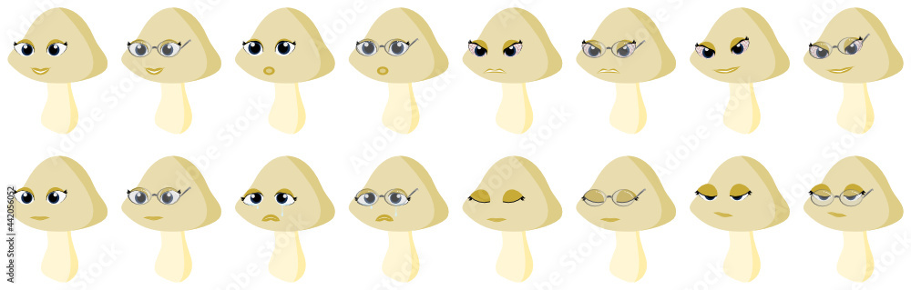 Creative vegetable vector set of cute mushroom. It presents happy, sad ...