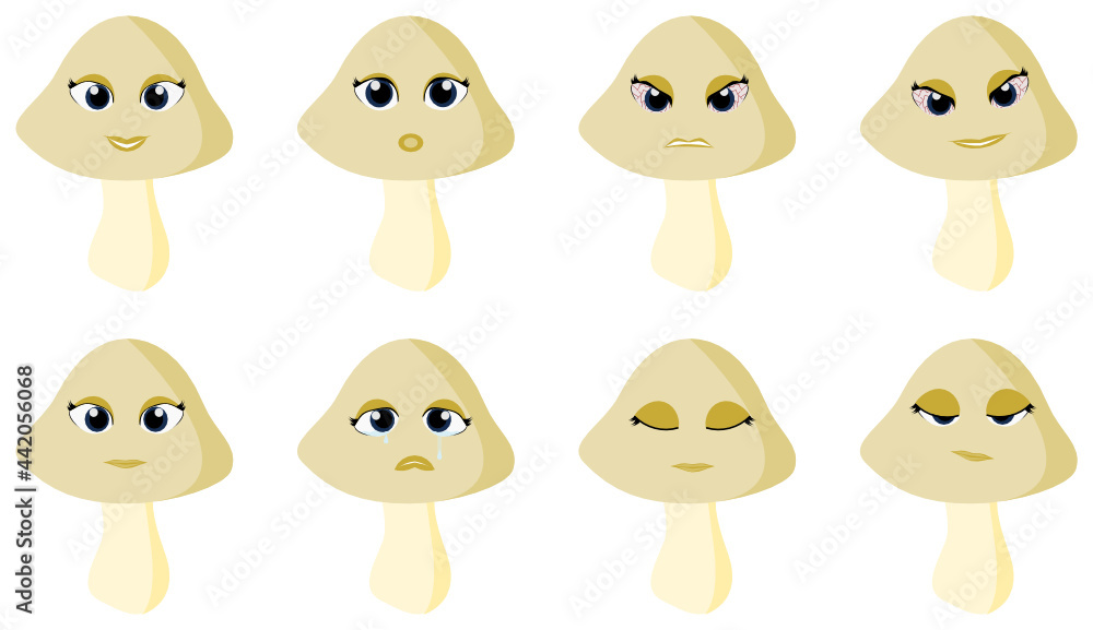 Creative vegetable vector set of cute mushroom. It presents happy, sad ...