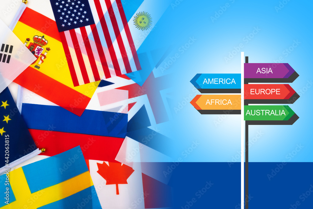 Traveling to different countries of world. Many flags of different ...