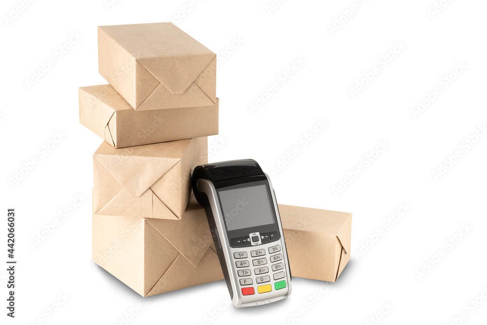 packed parcels and payment terminal isolated on white background Stock ...