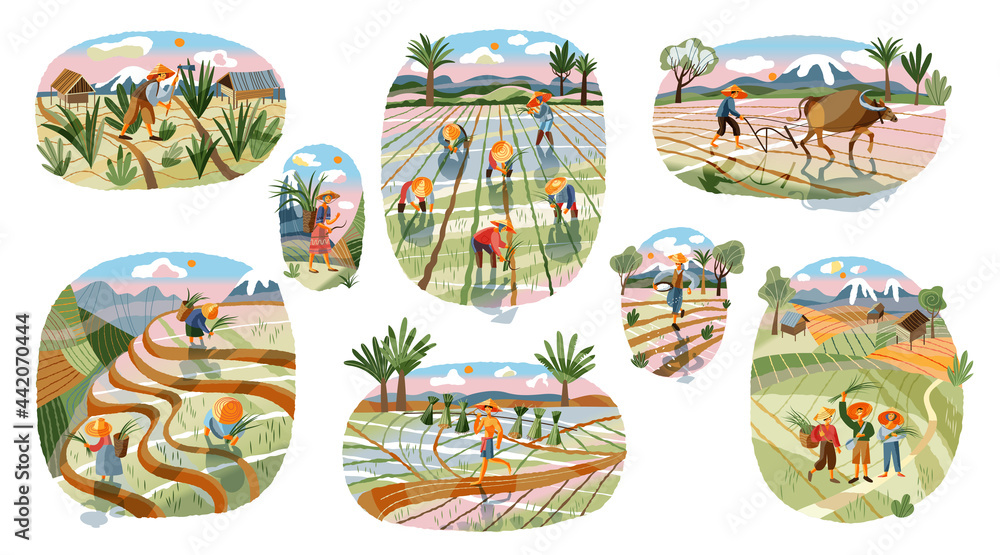 Asian farmers in agriculture set. Farm with Chinese, Vietnamese, Indian ...