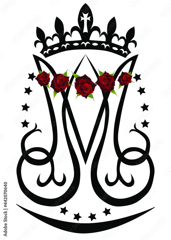 Ave Maria. Monogram of the Blessed Virgin Mary with crown, cross and ...