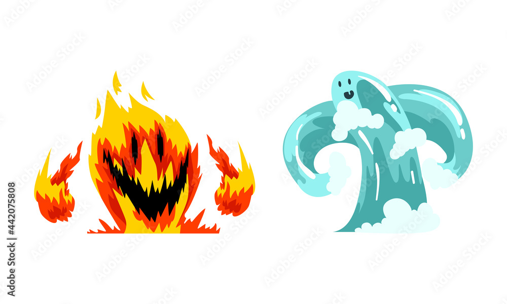 Roaring Fire and Water as Fantastic Elemental Creature Vector Set Stock ...
