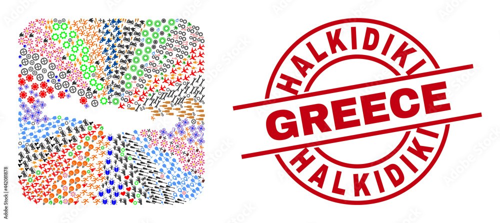Vector mosaic Crete map of different icons and Halkidiki Greece seal ...