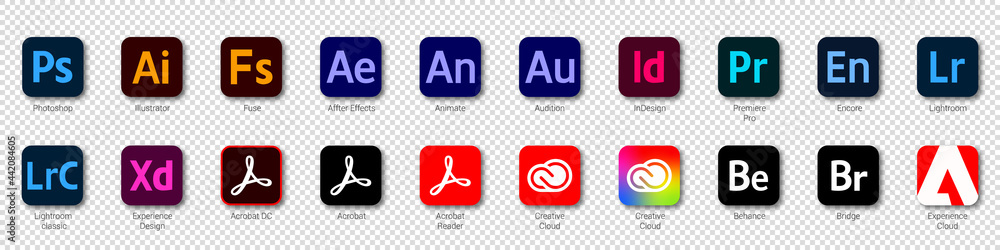 Adobe product icons. Photoshop. Illustrator. Lightroom. InDesign. Adobe ...