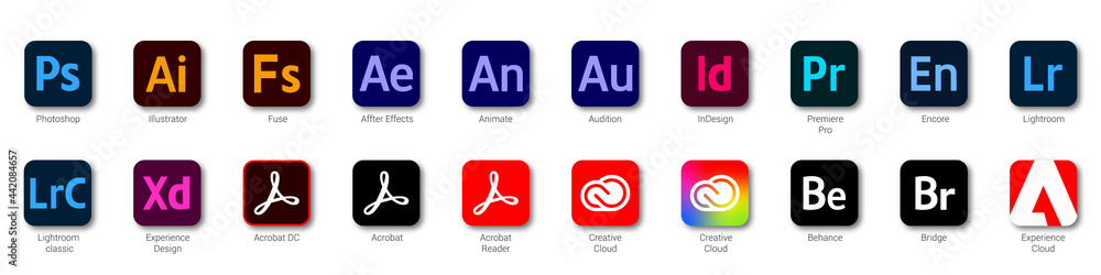 Adobe Products Icon Set: Illustrator, Photoshop, InDesign, Premiere Pro ...